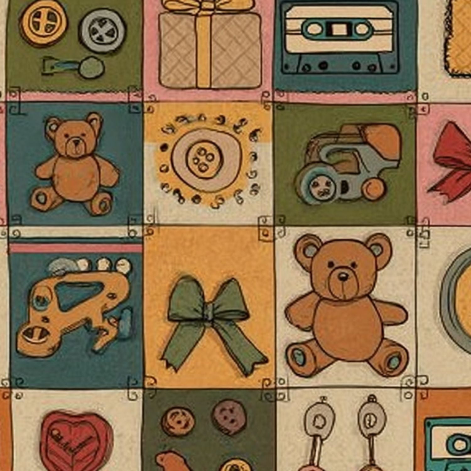 Retro Peel and Stick Wallpaper 17.7in x 9.8ft Vintage Toys Patchwork ...