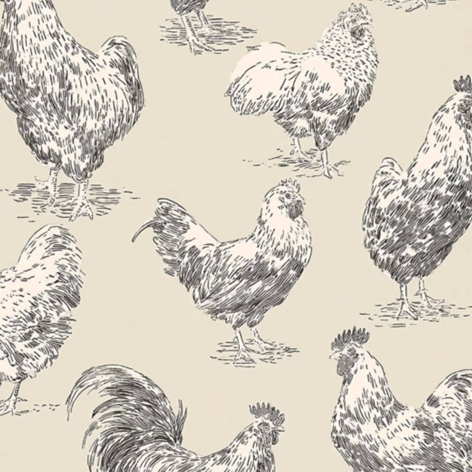 Retro Peel and Stick Wallpaper Roosters Hens Vintage Sketch Style Beige ...