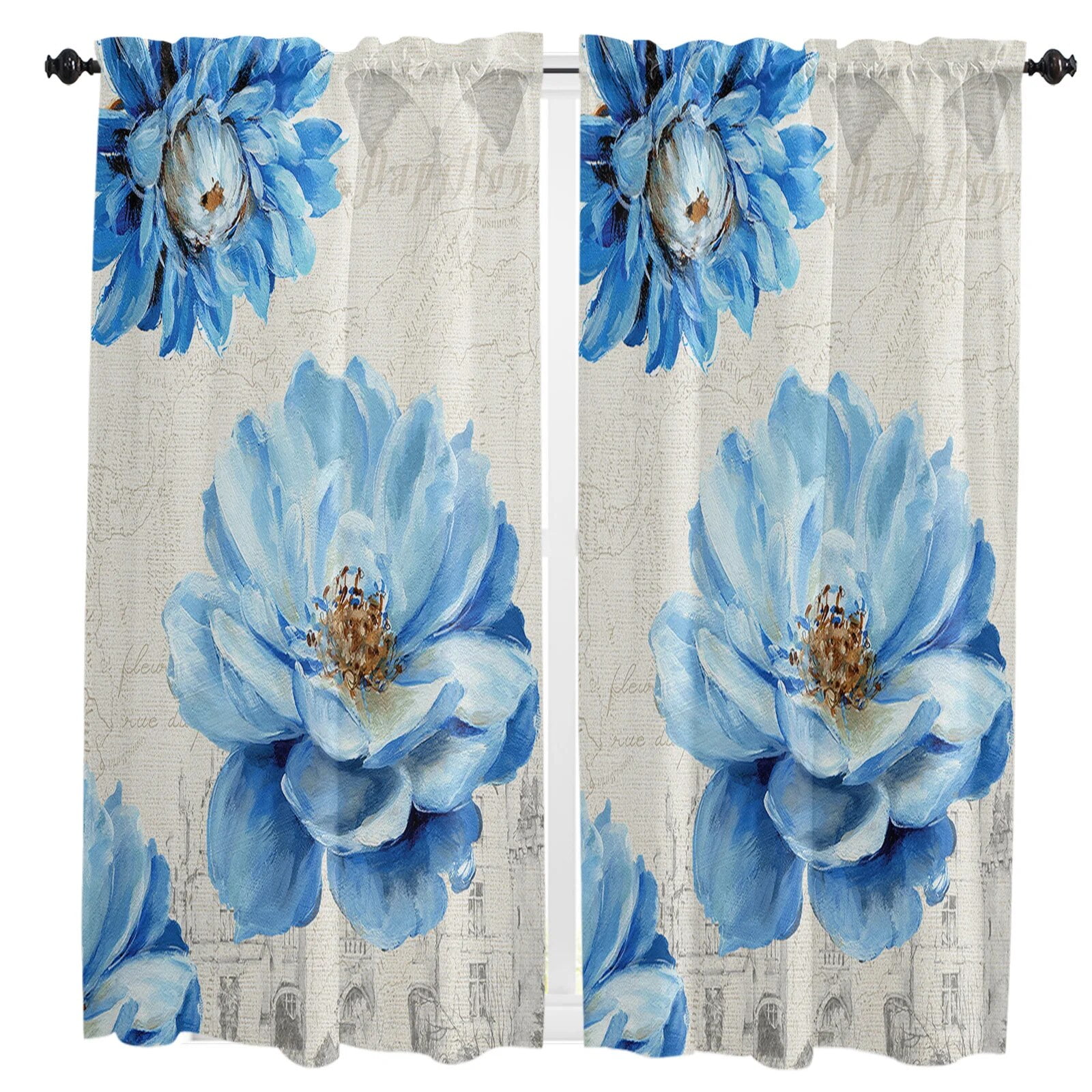 Retro Peony Blue Flower Small Curtain Rod Pocket Short Curtains Half ...