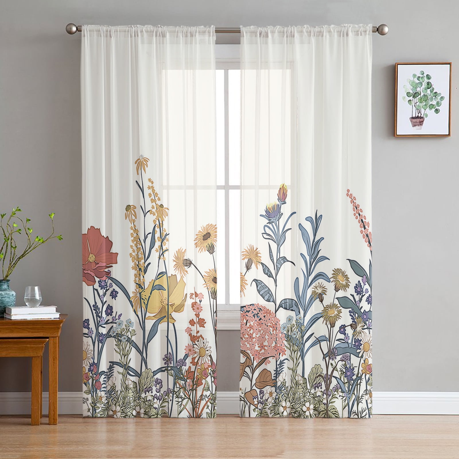Retro Peony Blue Flower Tulle Sheer Curtain for Living Room Adults Kid ...