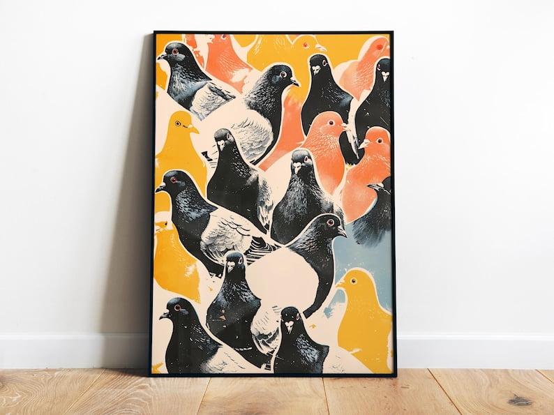 Retro Pigeons Wall Art Printable, Funny Bathroom Prints, Bird Poster ...
