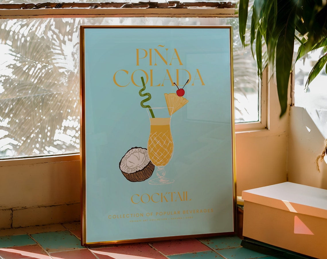 Retro Pina Colada Cocktail Print, Vintage Wall Art Design In Blue ...