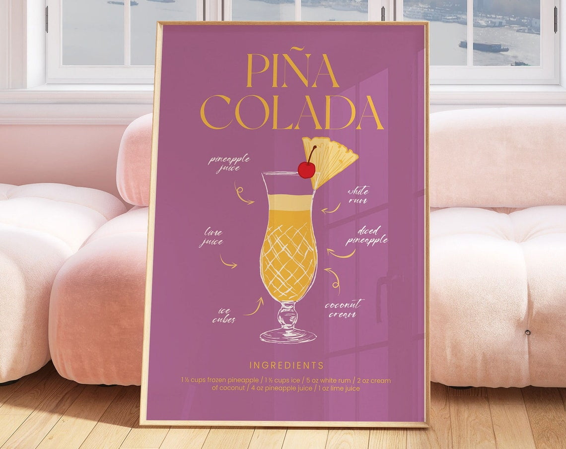Retro Pina Colada Cocktail Print, Vintage Wall Art Design In Purple ...