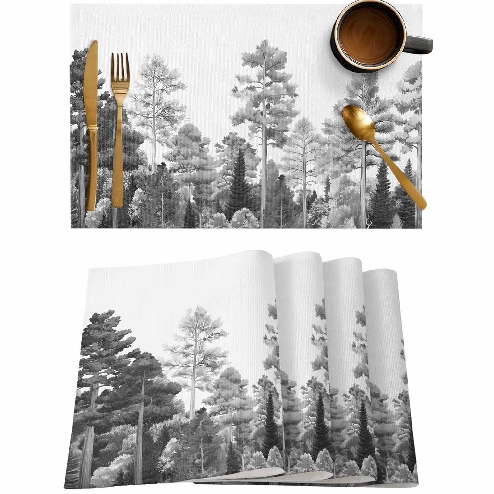 Retro Pine Tree Gray White Art Placemats Set of 4,Wipeable Washable ...
