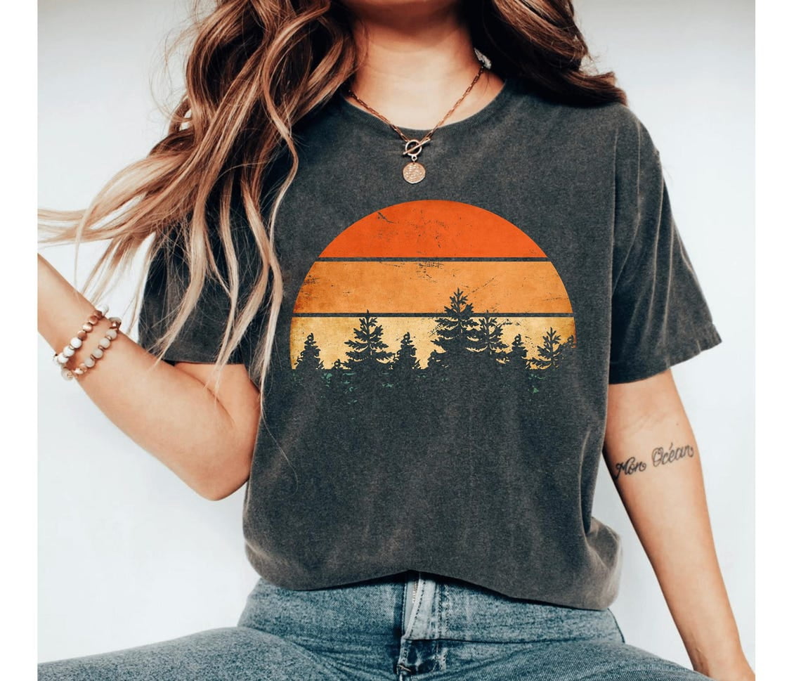 Retro Pine Trees Sunsetee, Adventure Shirt, Nature Lover Gift, Camping ...