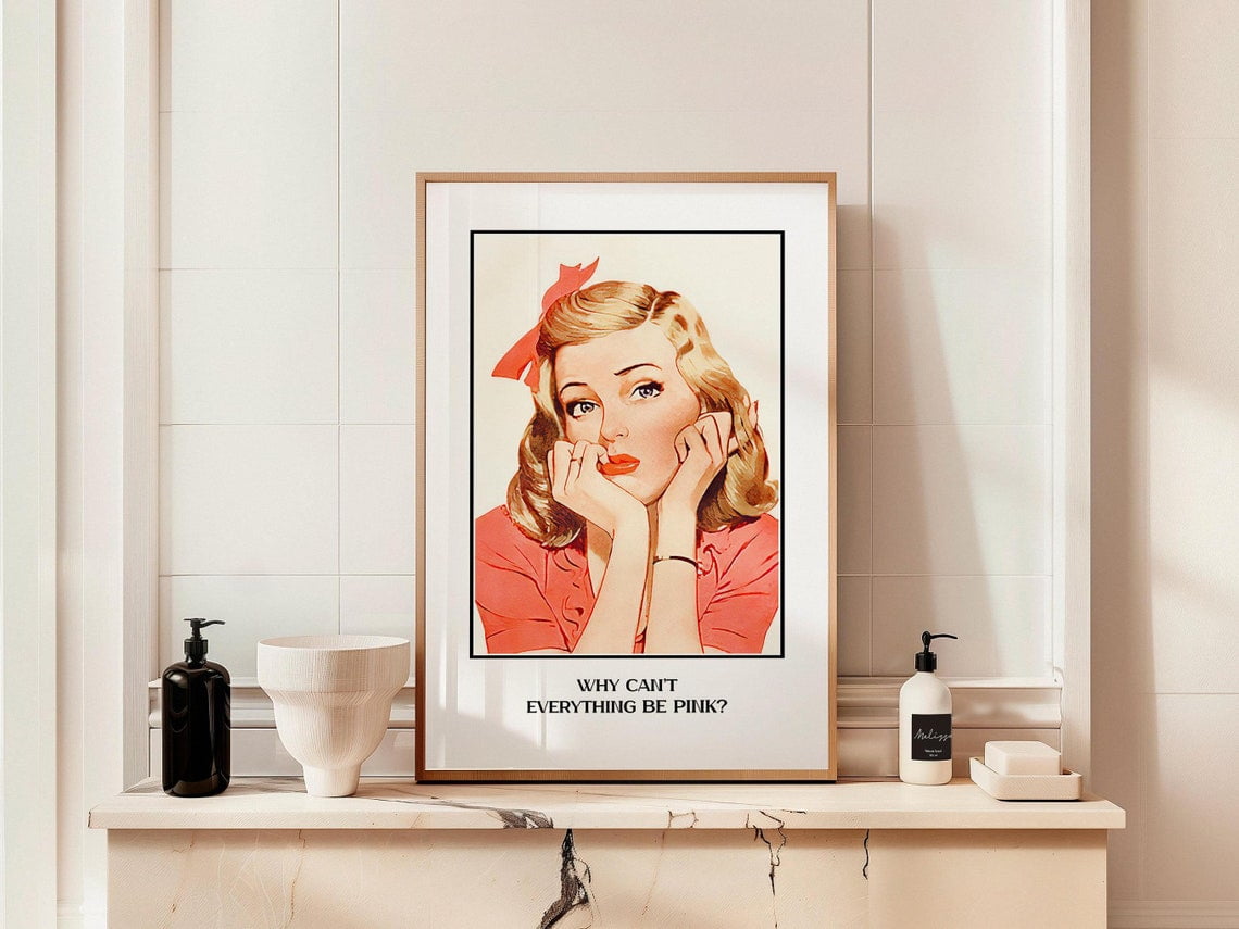 Retro Pink Bathroom Art Print Bathroom Wall Decor Girls Bathroom Pink ...