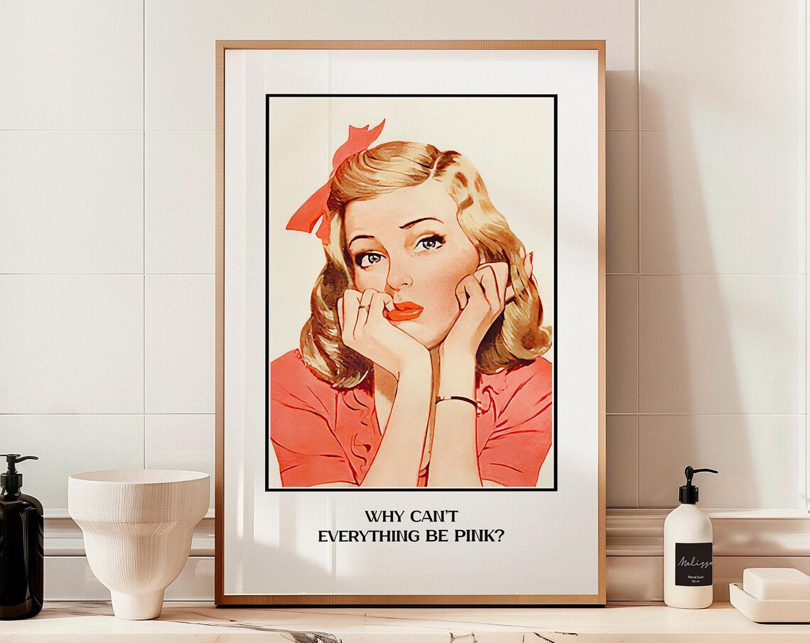 Retro Pink Bathroom Art Print Bathroom Wall Decor Girls Bathroom Pink ...