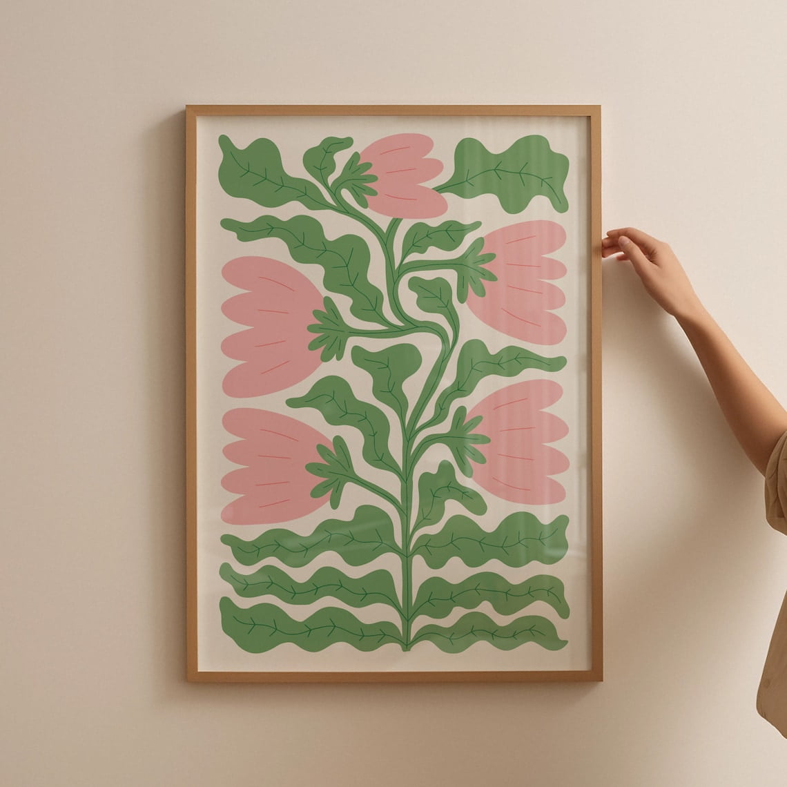 Retro Pink Flower Poster Funky Green Wavy Wall Art Poster Decor For ...