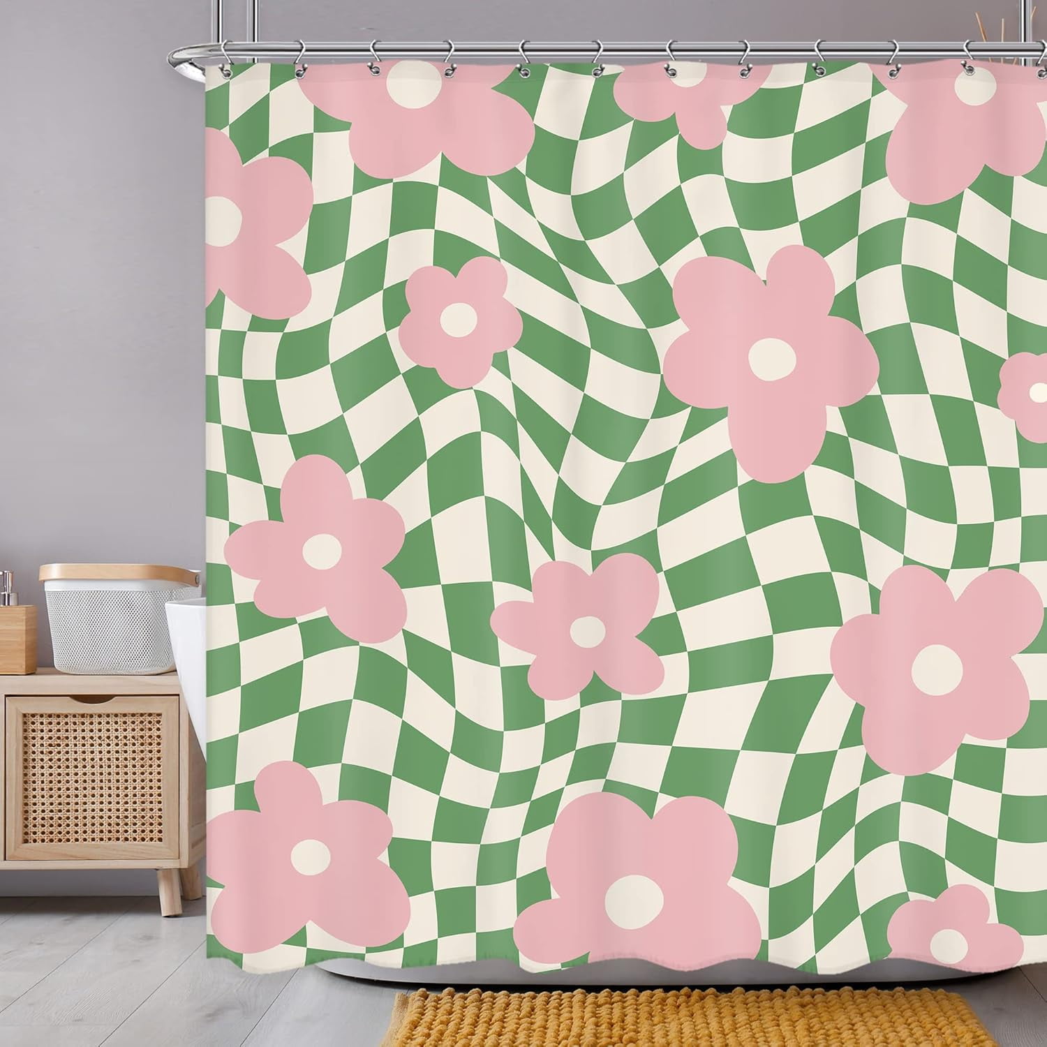 Retro Pink Green Flower Shower Curtain 72Wx72H Inch Retro Abstract Cute ...