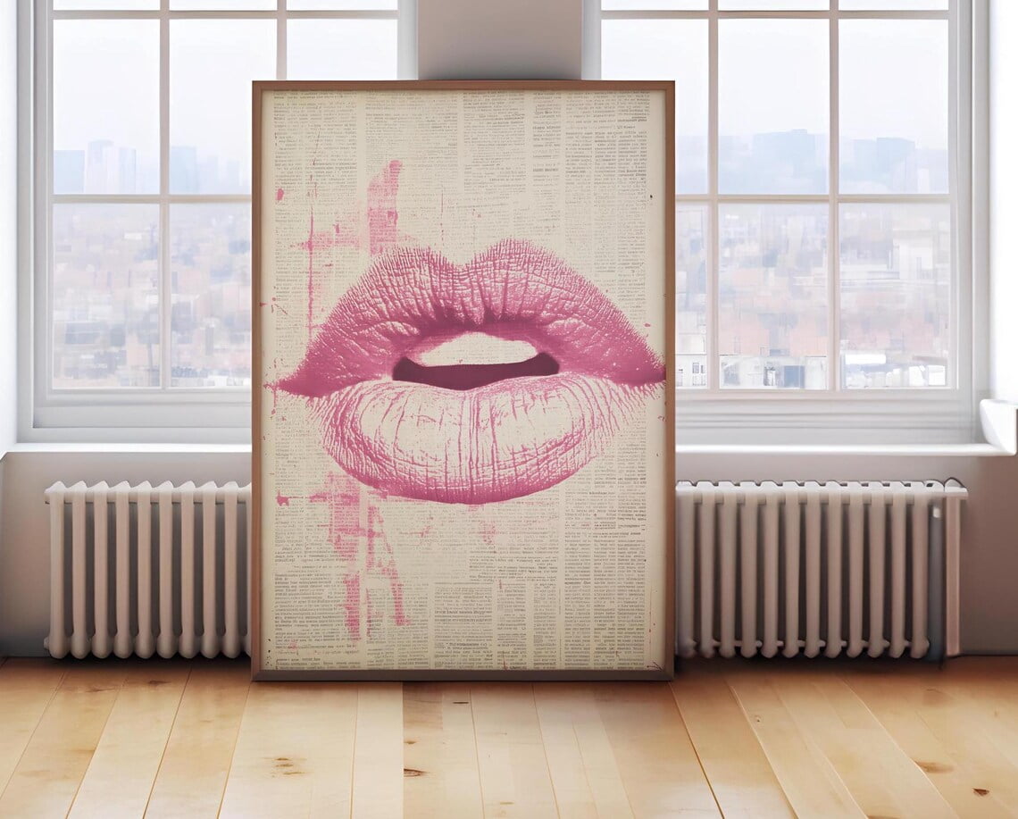 Retro Pink Lips Art Poster, Pop Art Lipstick Kiss On Vintage Newspaper ...