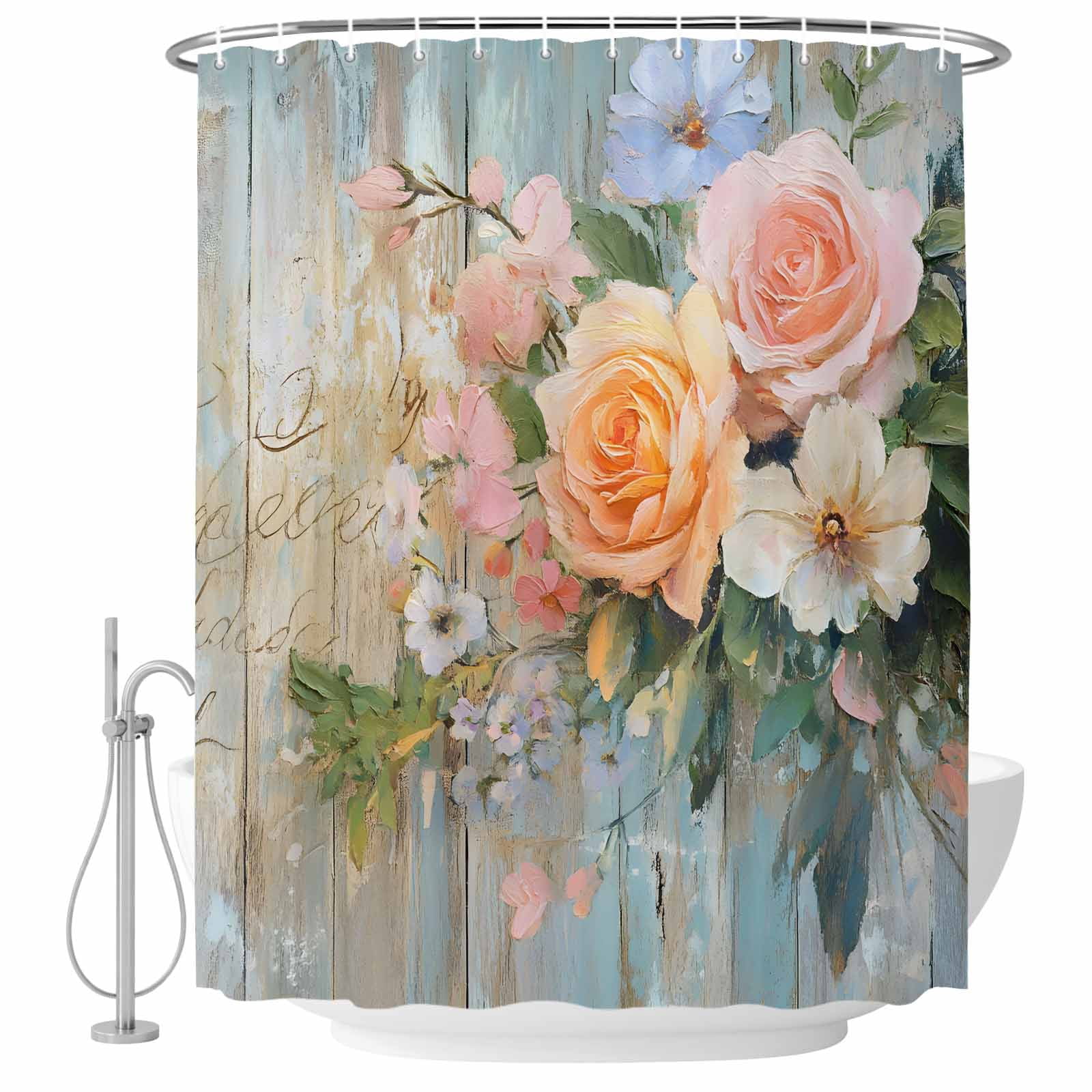 Retro Pink Rose Bathroom Shower Curtains with Hooks, Orange Flower Blue ...