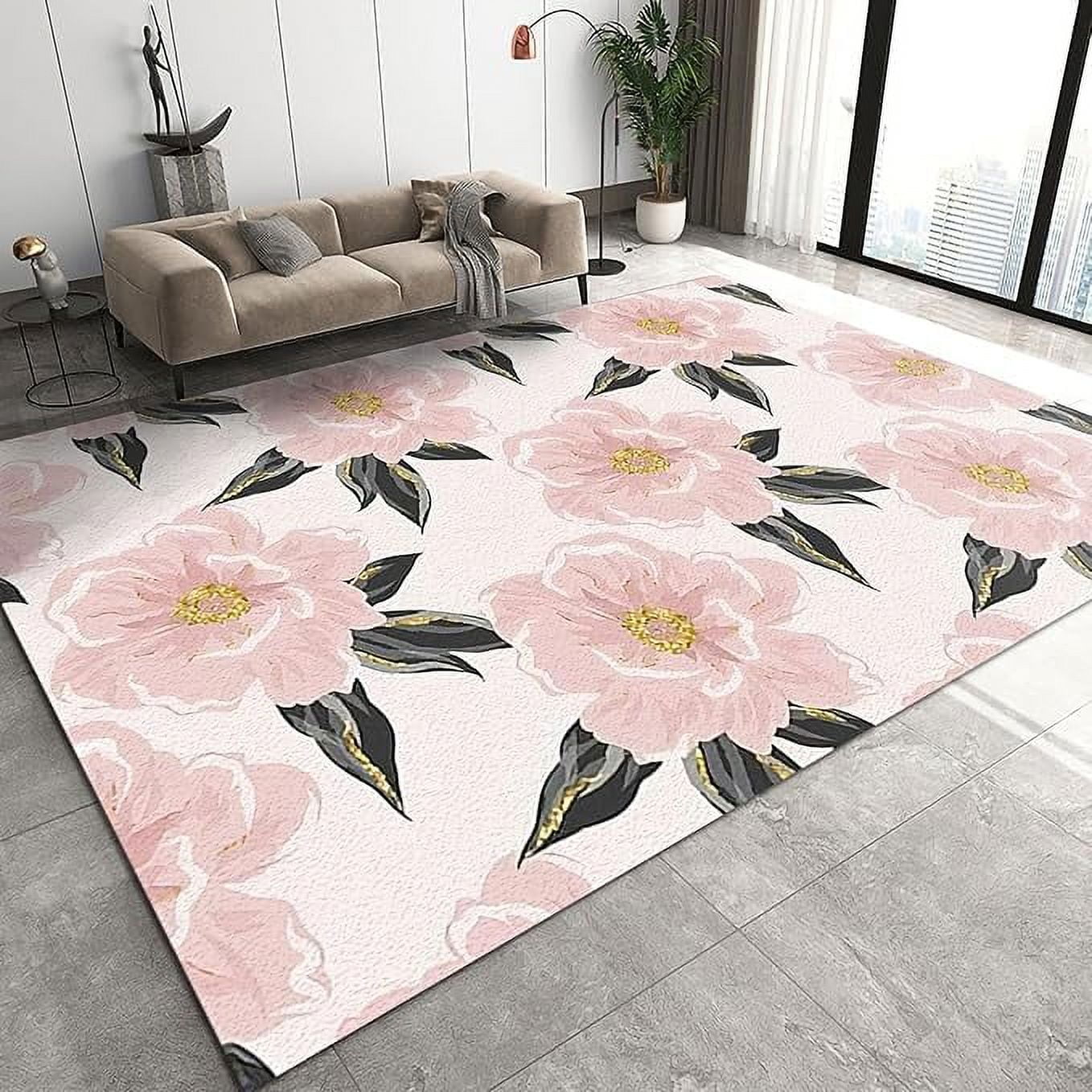 Retro Pink Roses Printed Area Rug, Dreamy Light Luxury Flowers Carpet ...