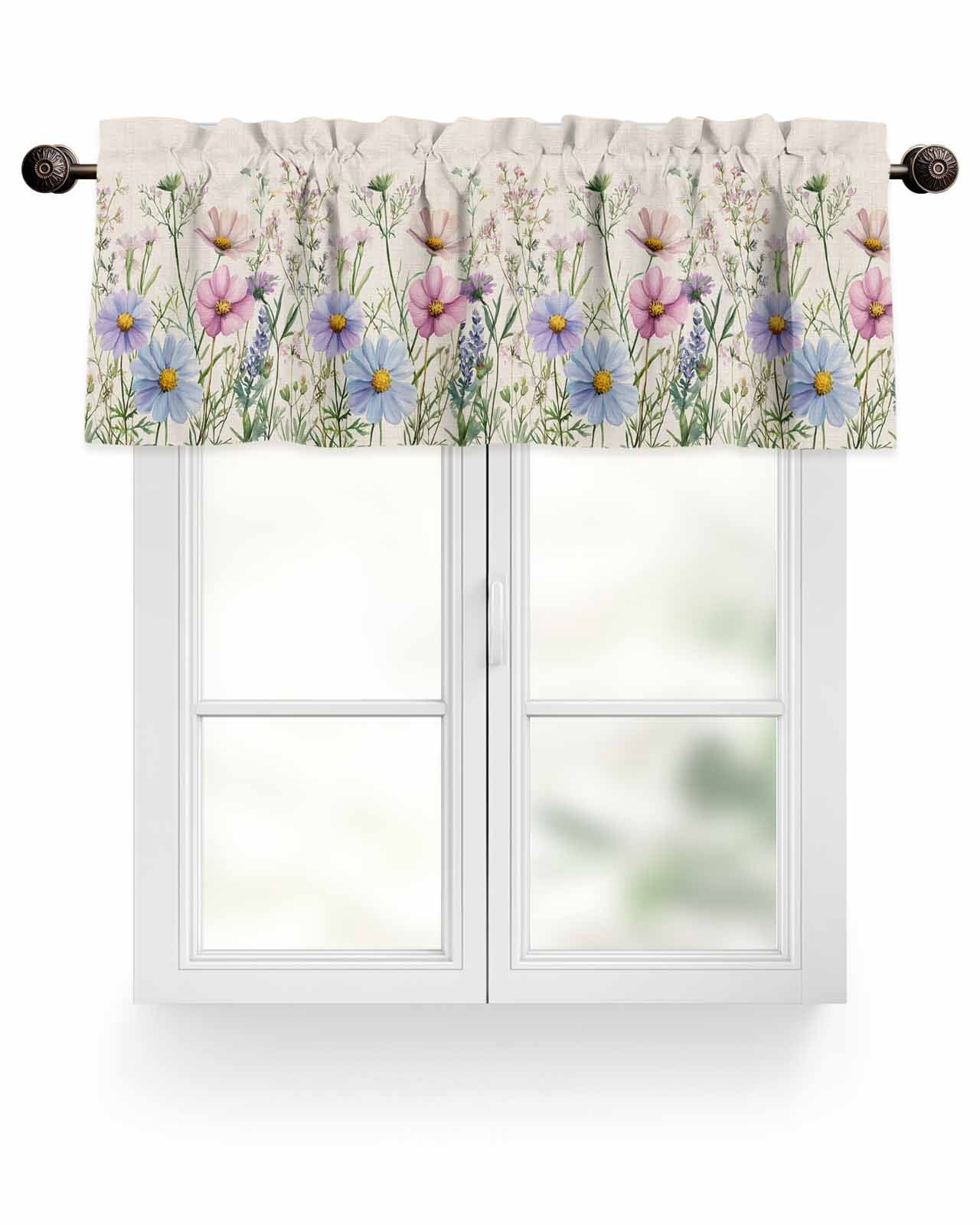 Retro Pink Valances for Windows Blue Wildflowers Country Floral Herbs ...