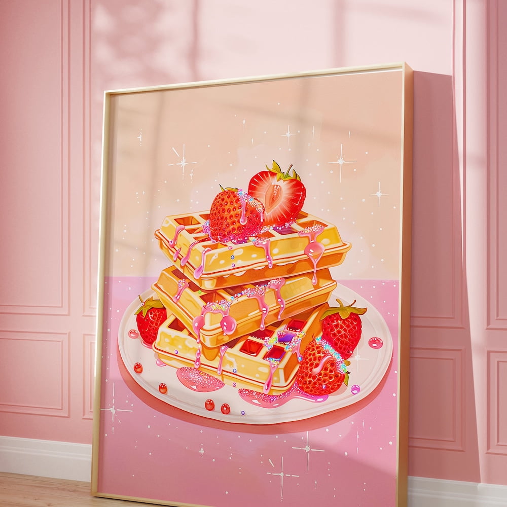 Retro Pink Waffles Art Print: Strawberry Kitchen Decor UNFRAMED PAPER ...