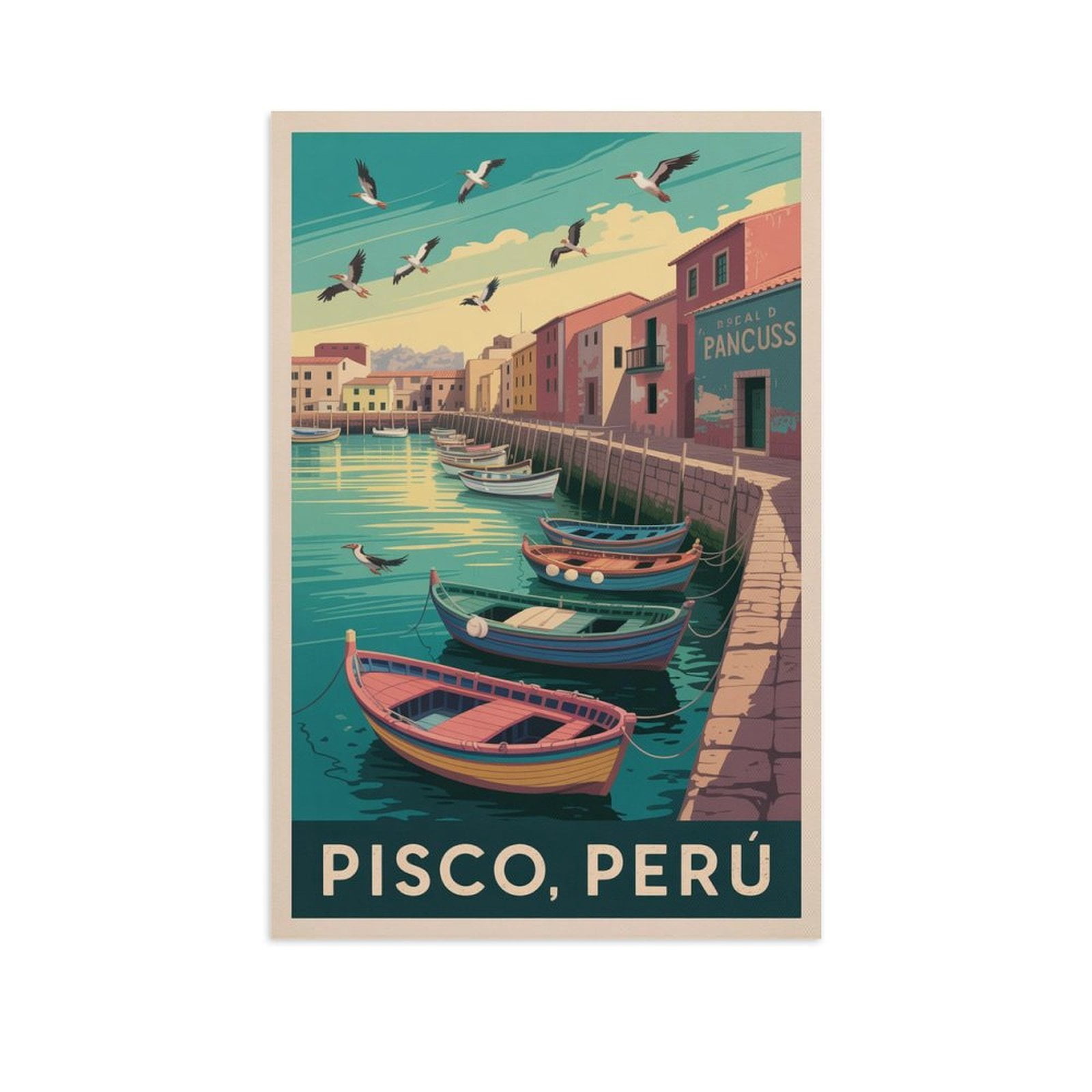 Retro Pisco Peru Travel Poster Featuring Fishing Port And Classic Sea ...