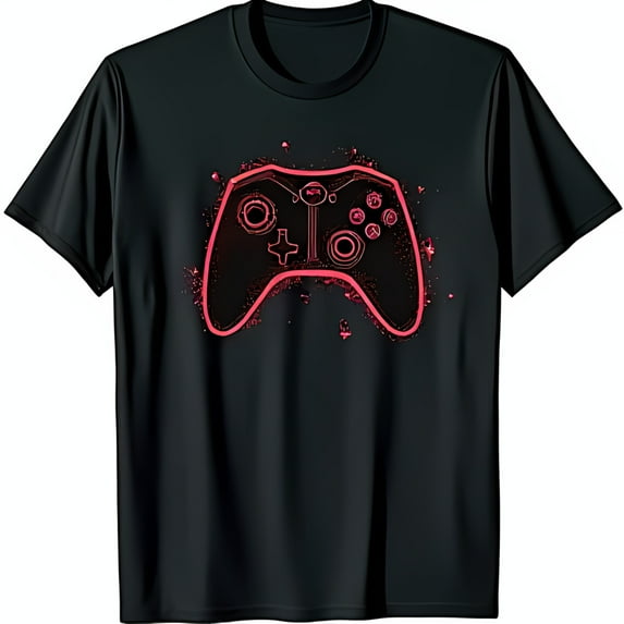 Retro Pixelated Controller Black T-Shirt with Bright Red Outline ...