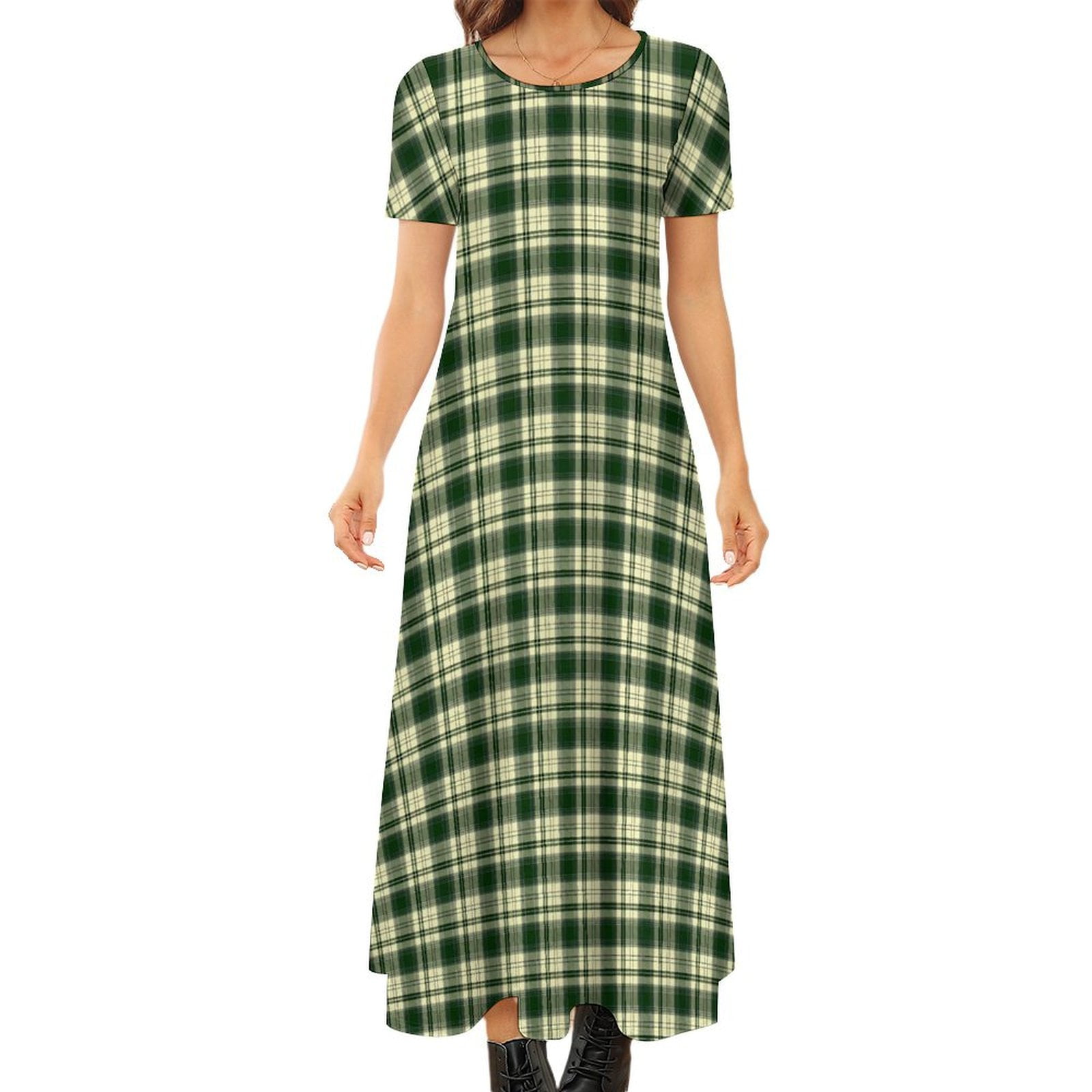 Retro Plaid Dress Green And Black Street Fashion Boho Beach Long ...