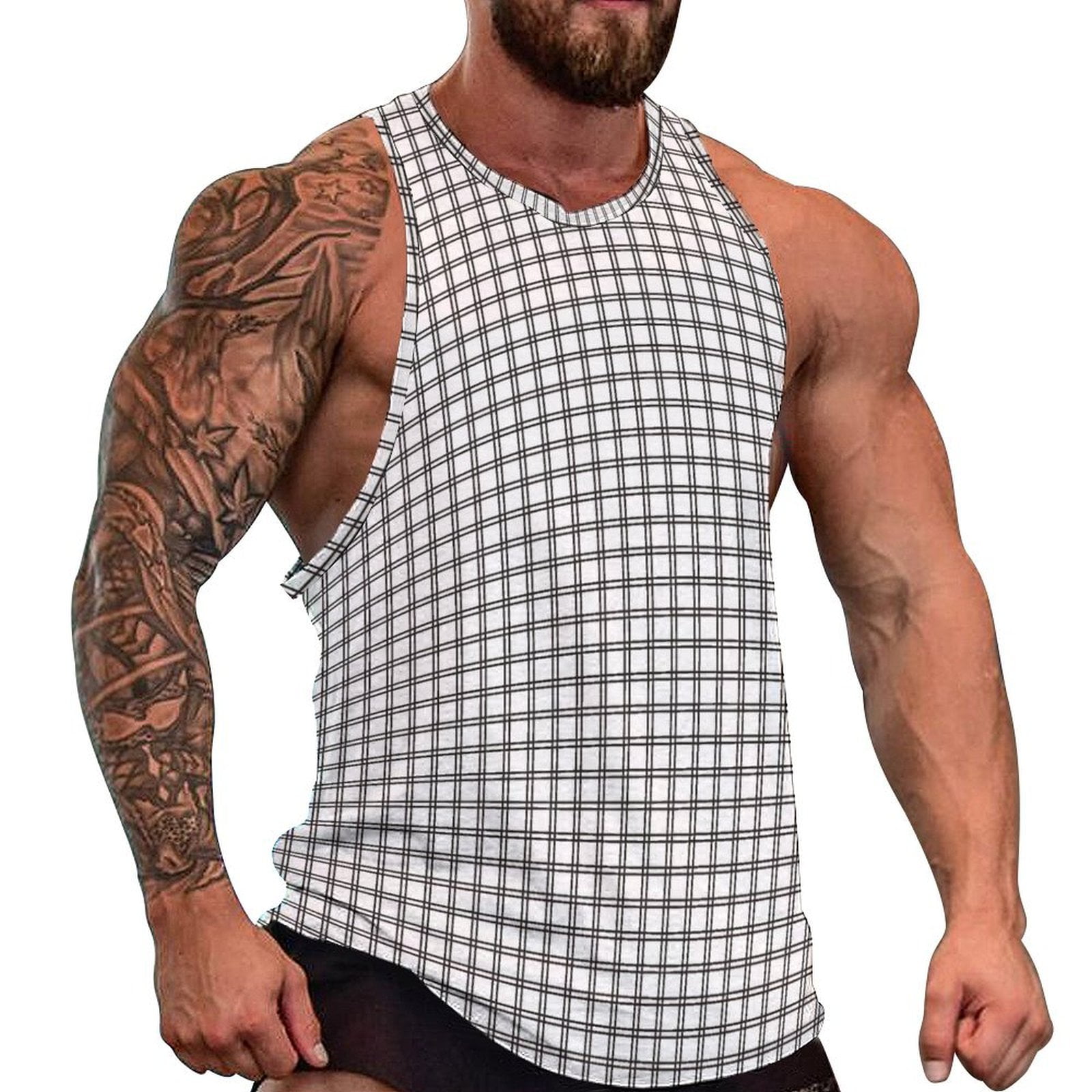 Retro Plaid Tank Top Black And White Check Trendy Tops Daily Gym Males ...