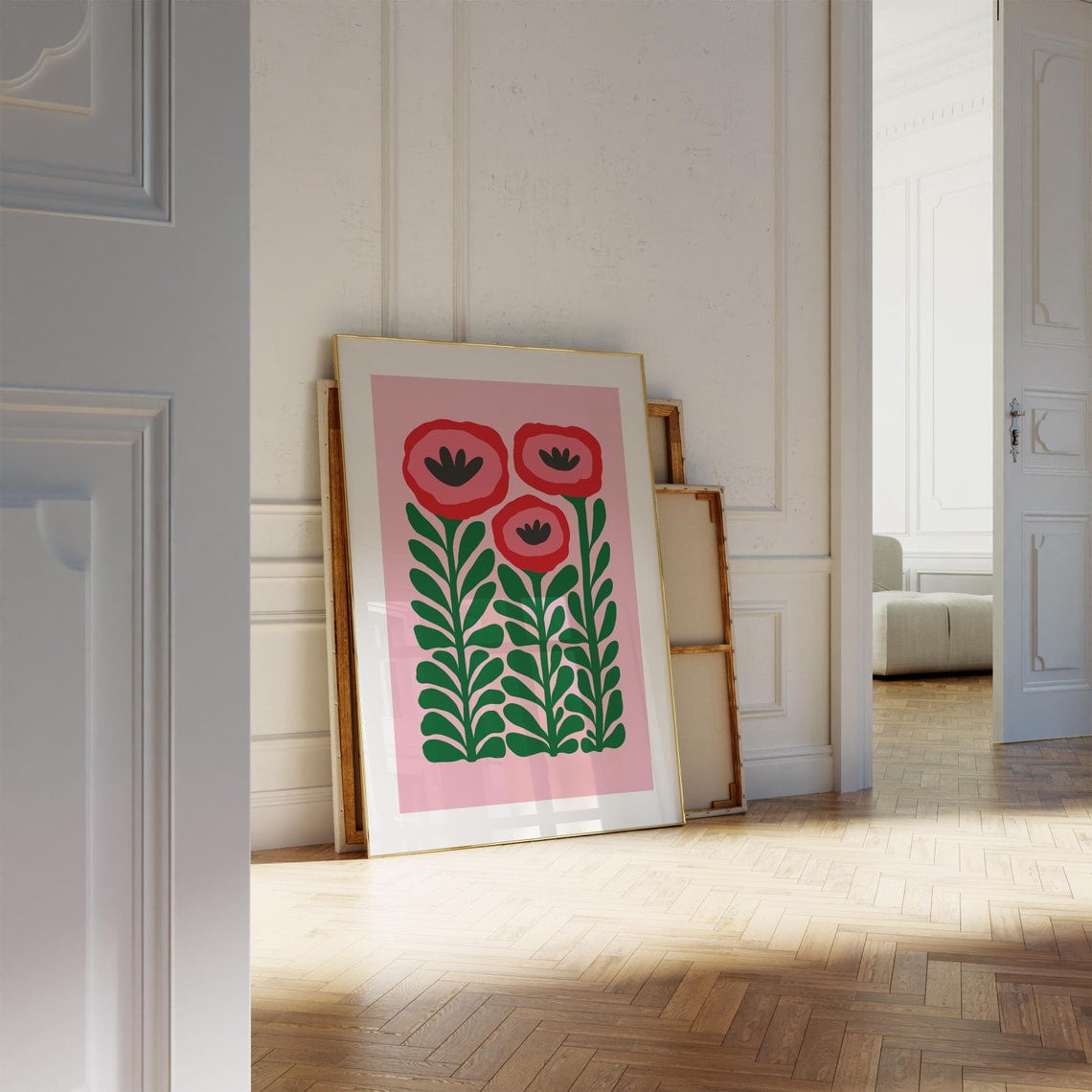 Retro Poppy Art Print Pink & Green Flower Poster, Colorful Dopamine ...