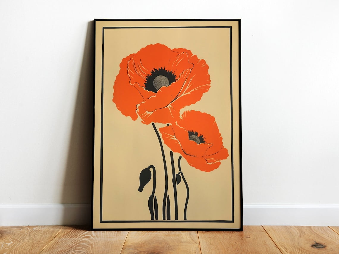Retro Poppy Print Vintage Poppies 20S 40S Print Retro Botanical Poster ...