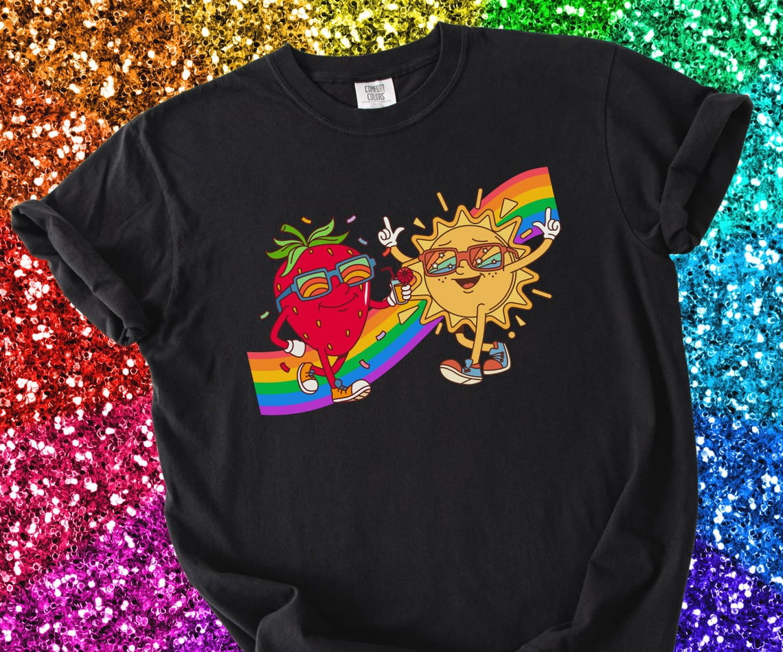 Retro Pride Shirt With Sun, Strawberry & Rainbow – Ia+ Tee, Pride ...