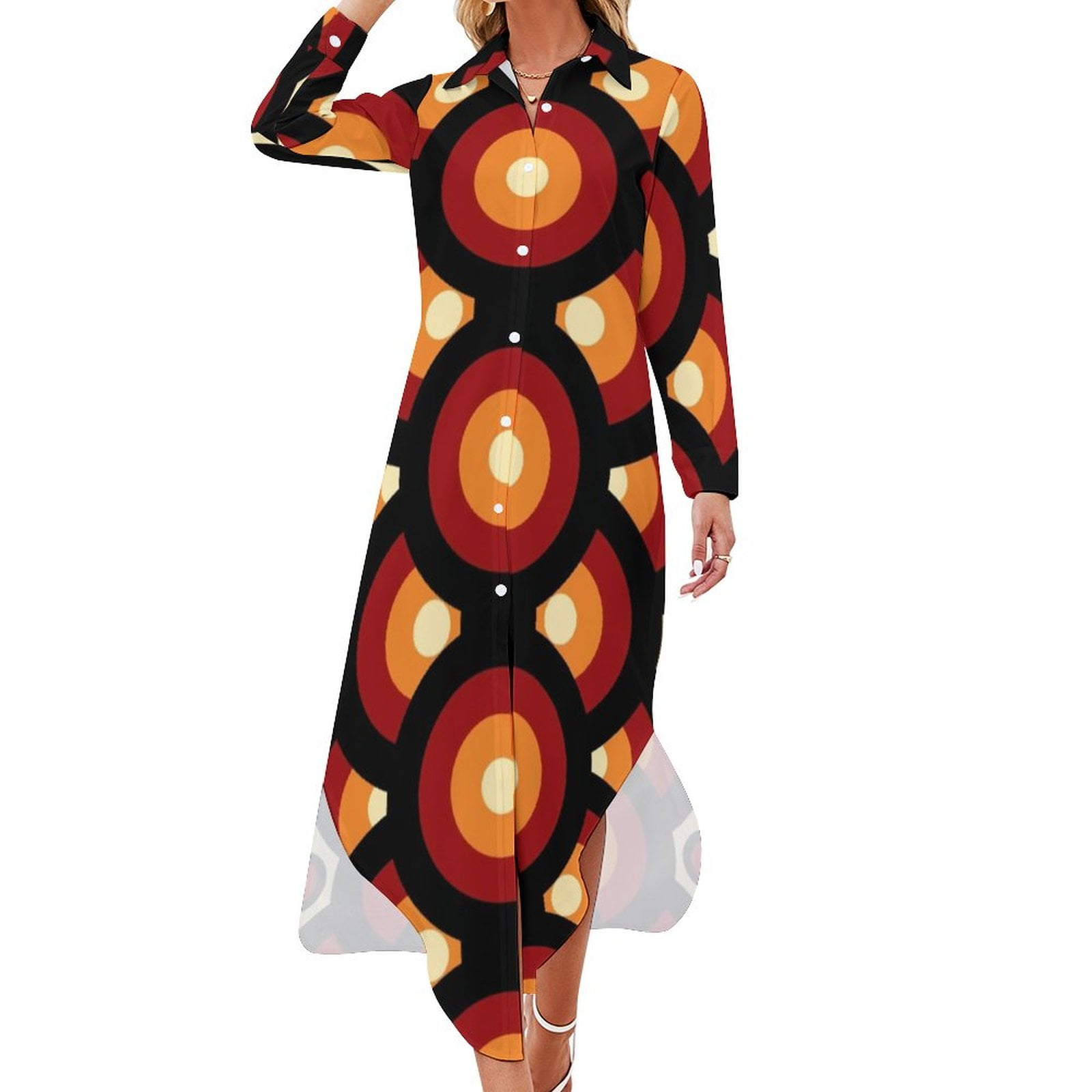 Retro Psychedelic Print Chiffon Dress Sexy V Neck Mid-Century Elegant ...