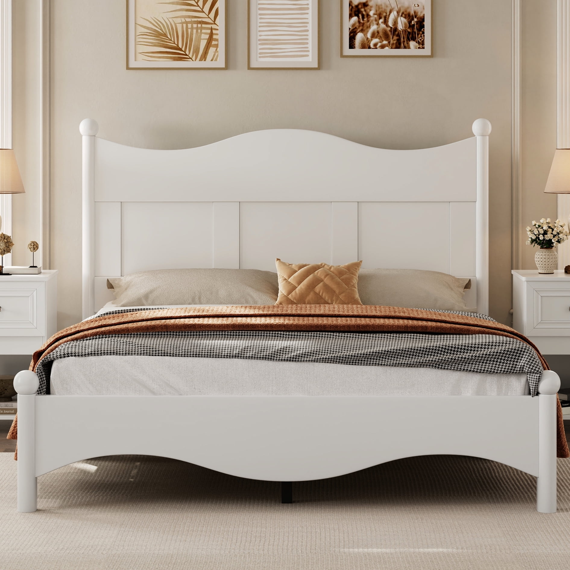 Retro Queen Size Bed Frame, Solid Wood Slat, White Painted Platform Bed ...