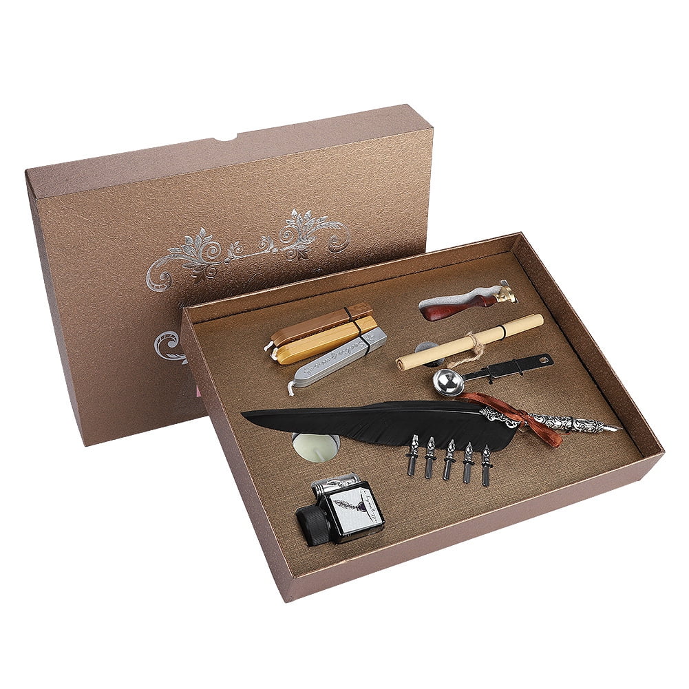 Retro Quill Feather Writing Pen Gift Box with Empty Ink Bottle Quill ...