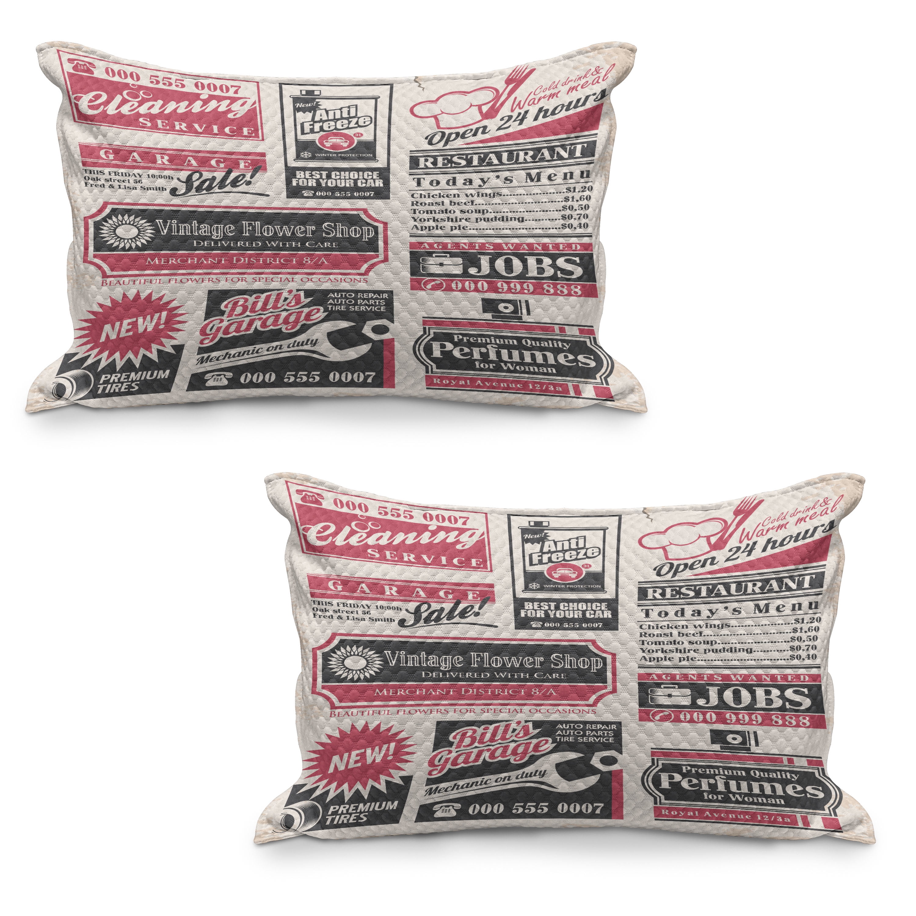 Retro Quilted Pillowcover Set of 2, Retro Newspaper Magazine Design ...