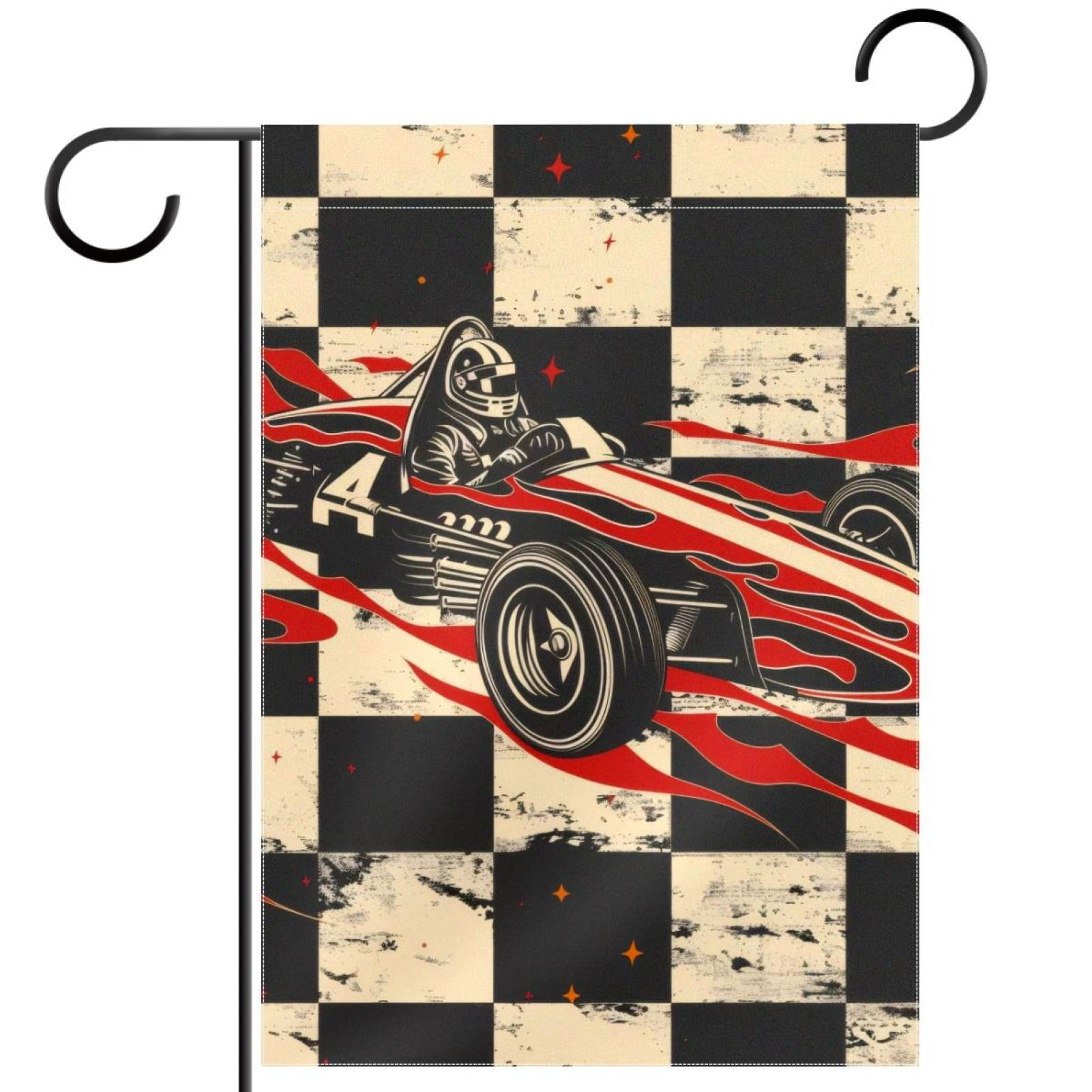 Retro Race Car with Finish Line Flags Pilot and Flames Garden Flag ...