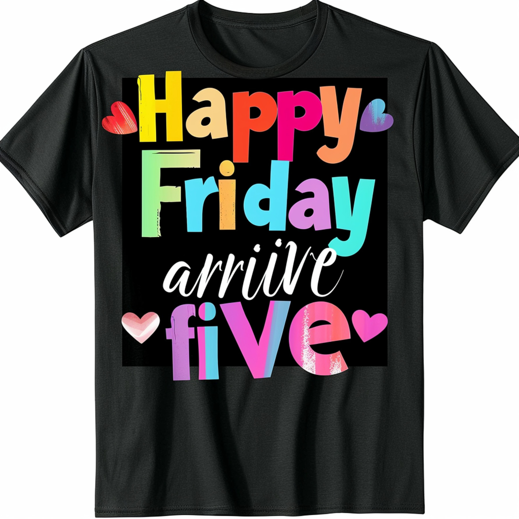 Retro Rainbow Happy Friday Arrive in Five Black T Shirt Fun Font ...