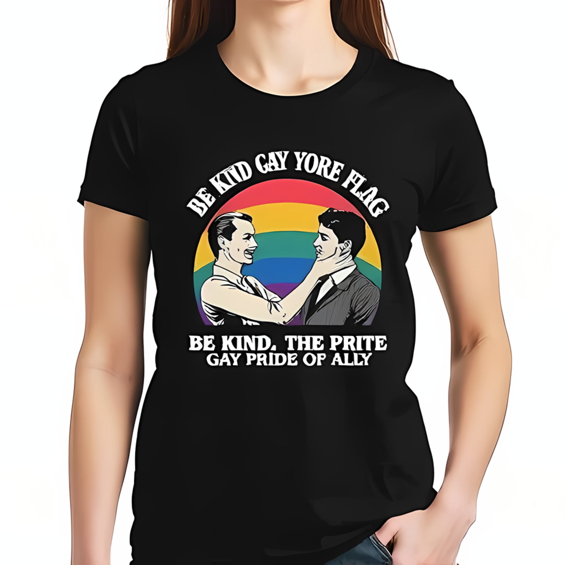 Retro Rainbow T-Shirt with Playful Choking Scene - " BE KIND GAY YORE ...