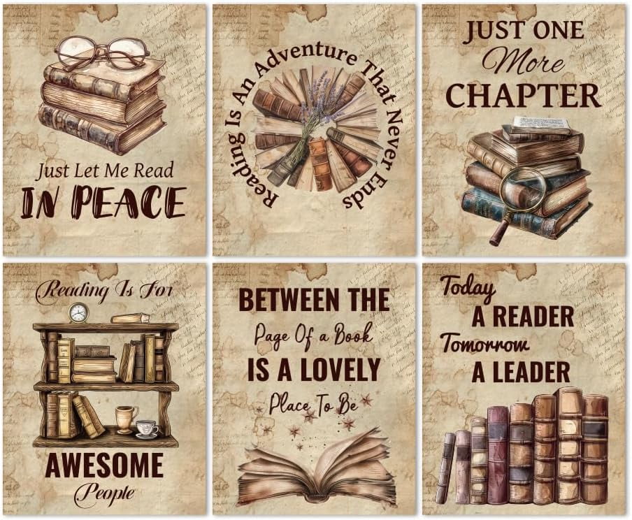 Retro Reading Theme Wall Art Prints Set of 6 Vintage Book Poster Wall ...
