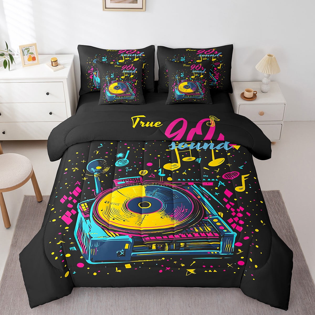Retro Record Player 7 Piece Comforter Set Full Bed in a Bag,80S 90S ...