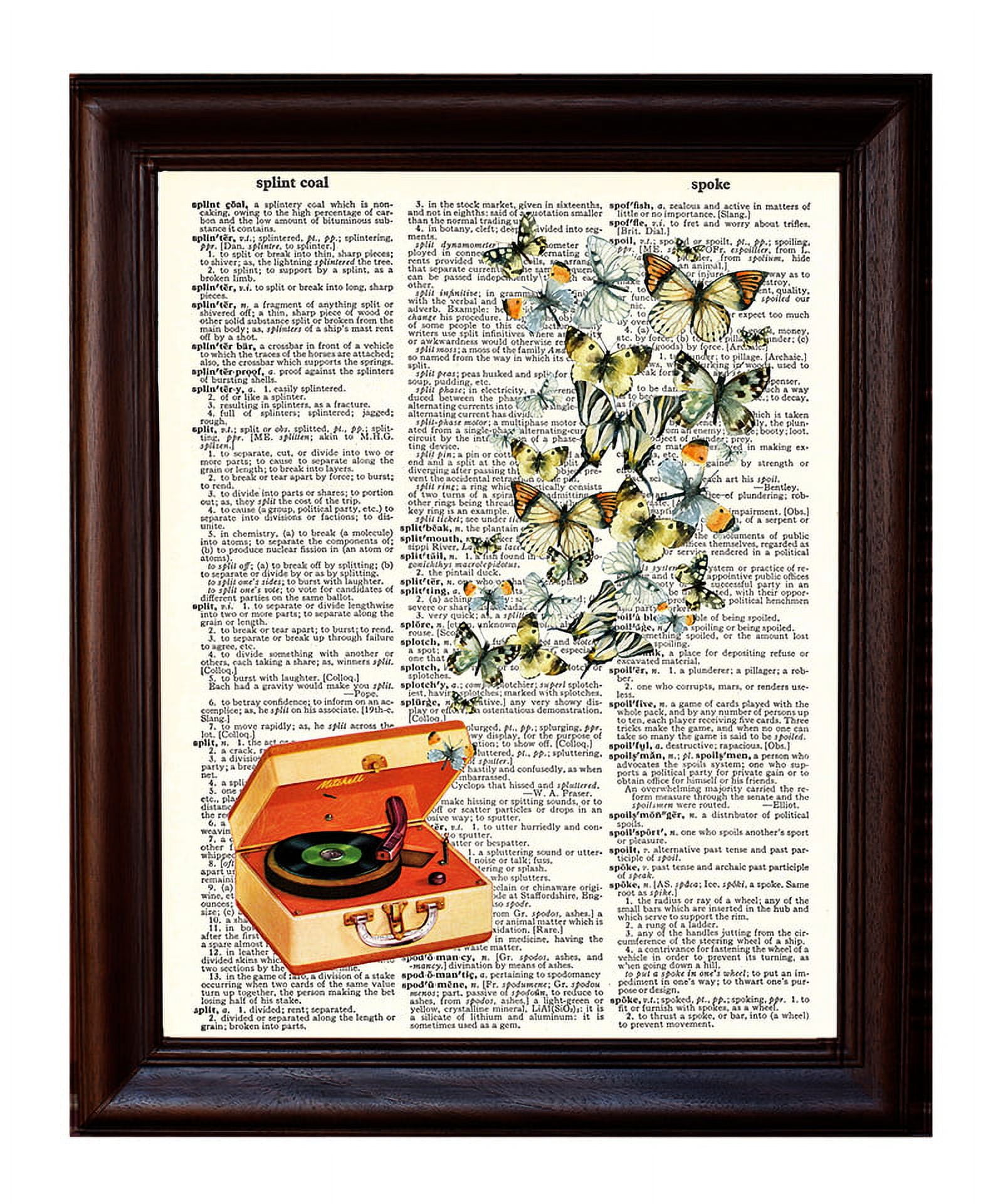 Retro Record Player and Butterflies - Dictionary Art Print Printed On ...