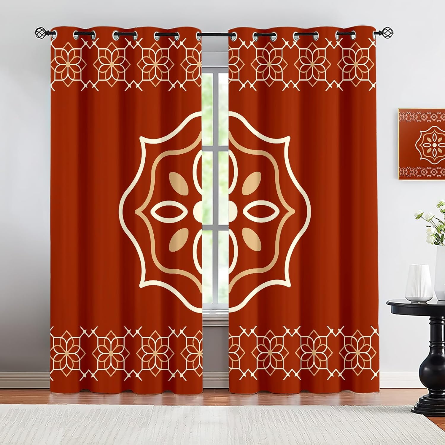 Retro Red 3D Print Insulated Drapes, Abstract Luxury Gold Lines ...