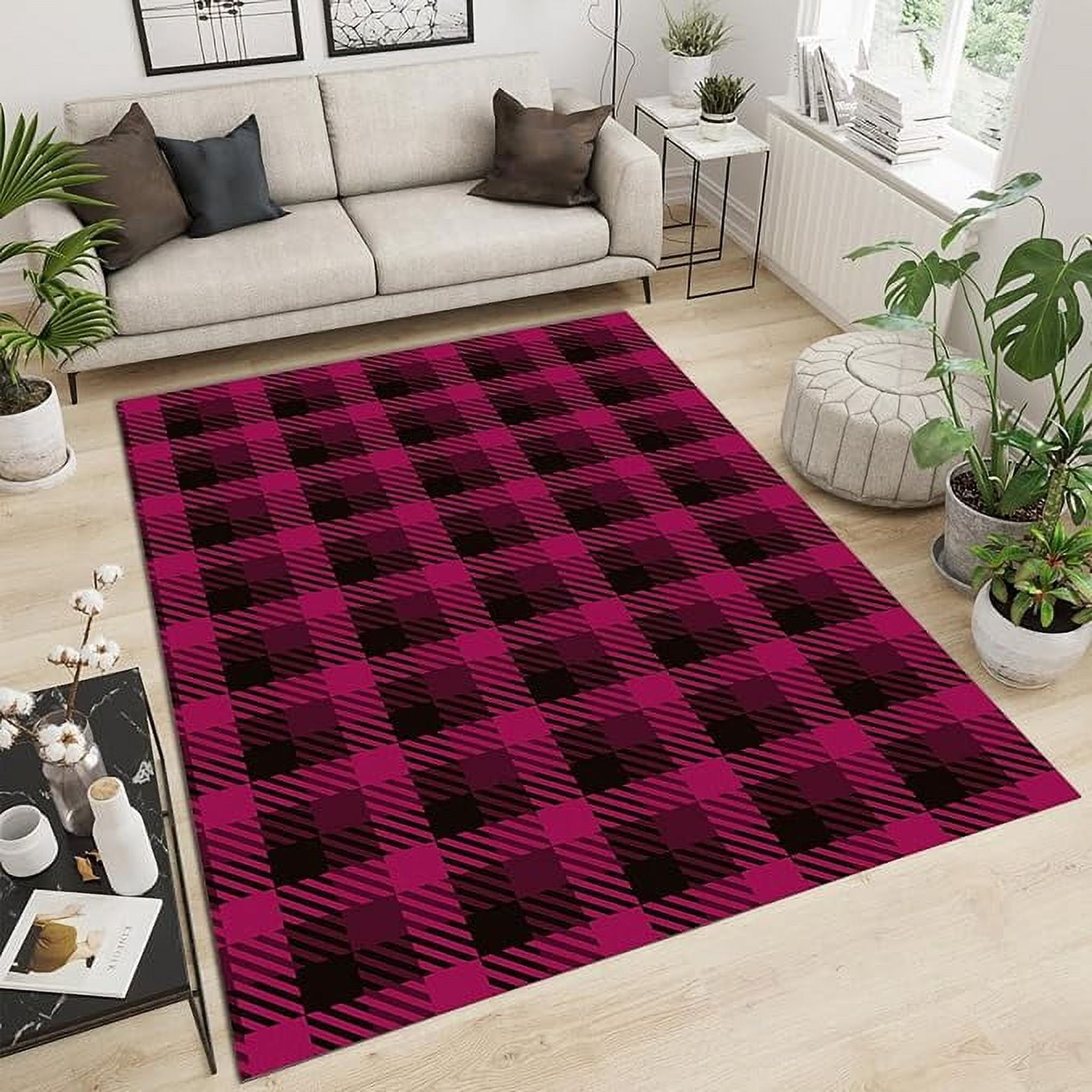 Retro Red And Black Geometric Square Grid Area Rug, Indoor Non-Slip ...