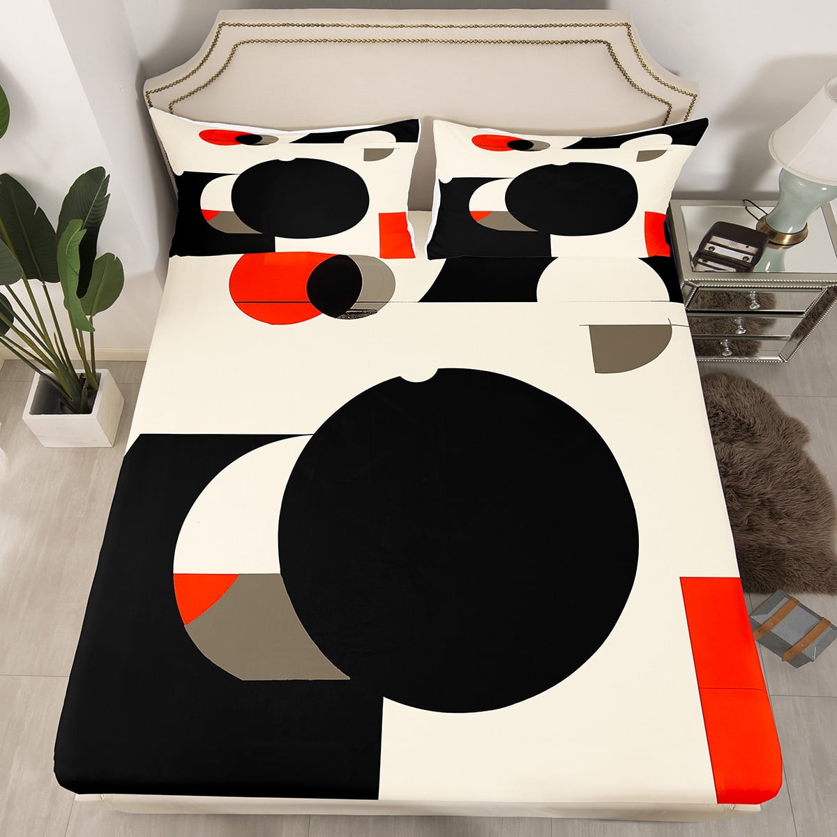 Retro Red Black and Gray Fitted Sheet Full Size,Abstract Geometric ...