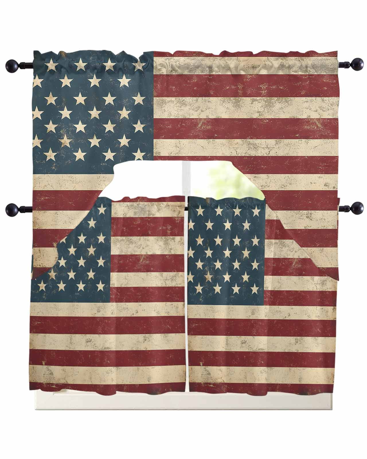 Retro Red Blue American Flag Kitchen Curtains Sets 24 Inch Length with ...