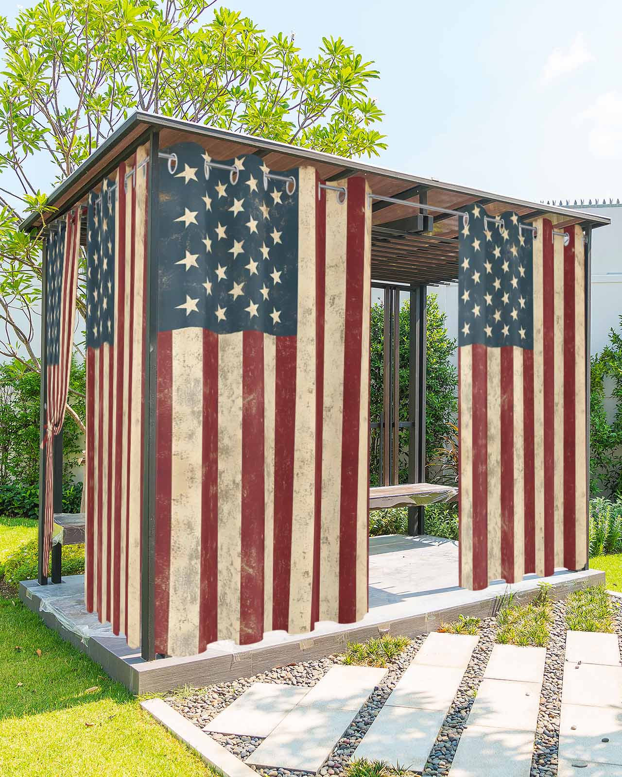 Retro Red Blue American Flag Outdoor Curtains for Patio, US Flag ...