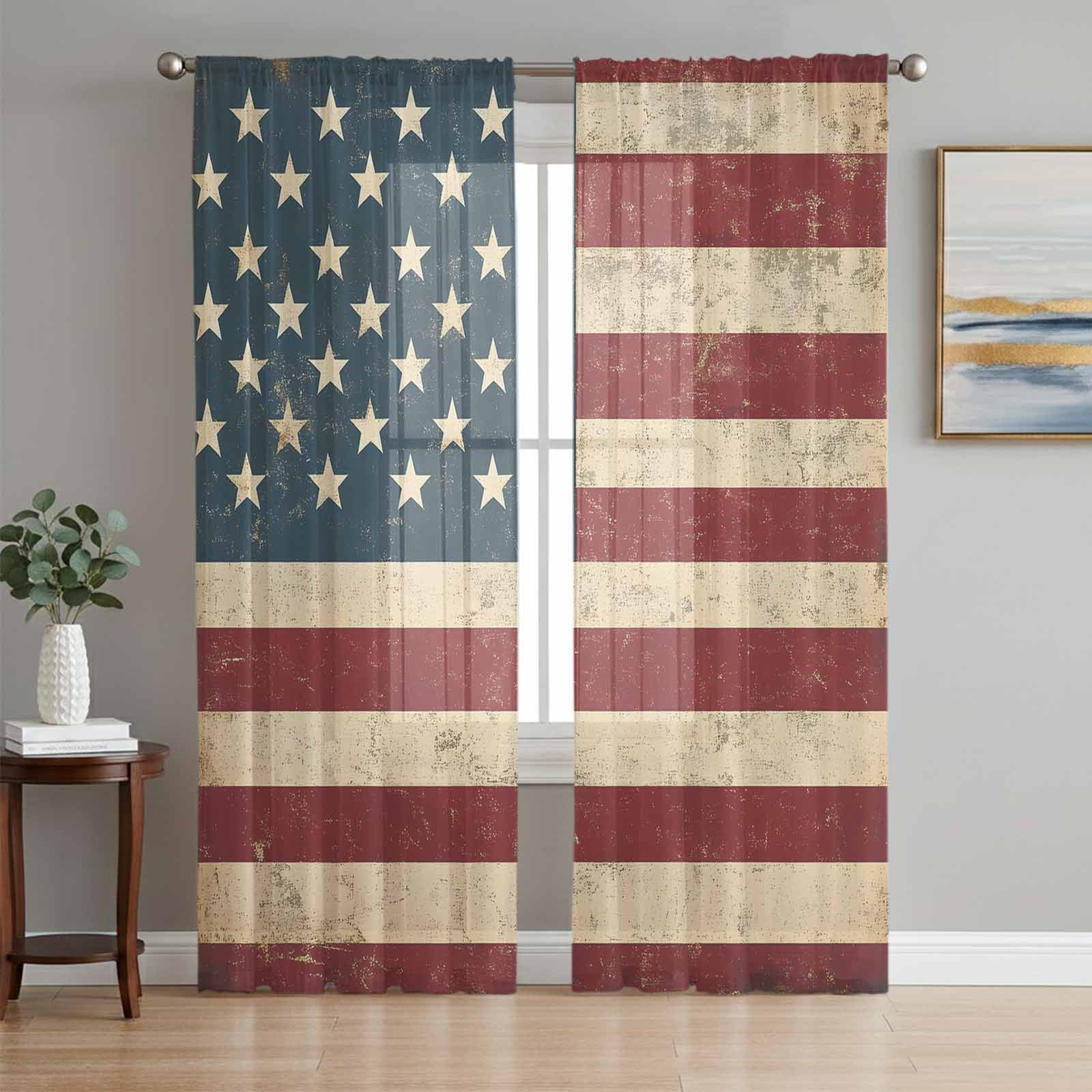 Retro Red Blue American Flag Sheer Curtains 96 Inch Length 2 Panels Set ...