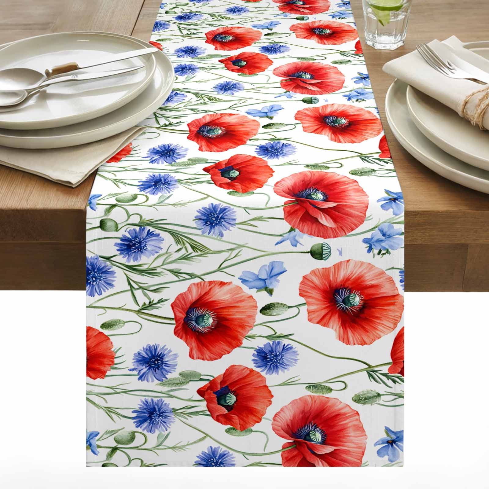 Retro Red Blue Flowers Cotton Linen Table Runner Floral Concubine ...
