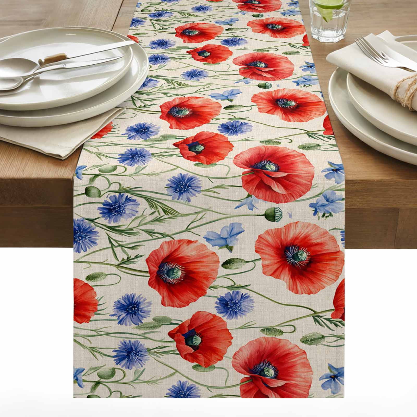 Retro Red Blue Flowers Cotton Linen Table Runner Floral Watercolor ...