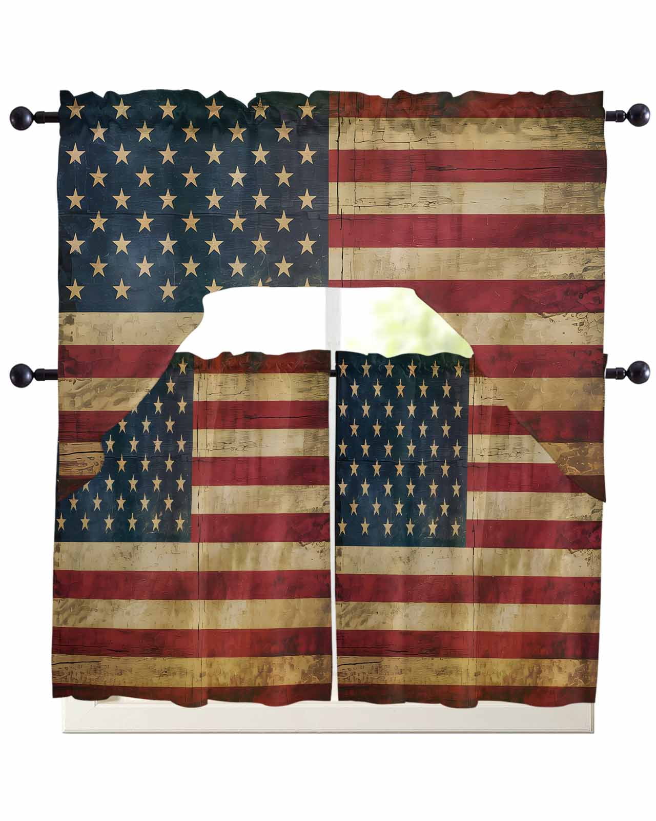 Retro Red Blue USA Flag Kitchen Curtains Sets 24 Inch Length with ...