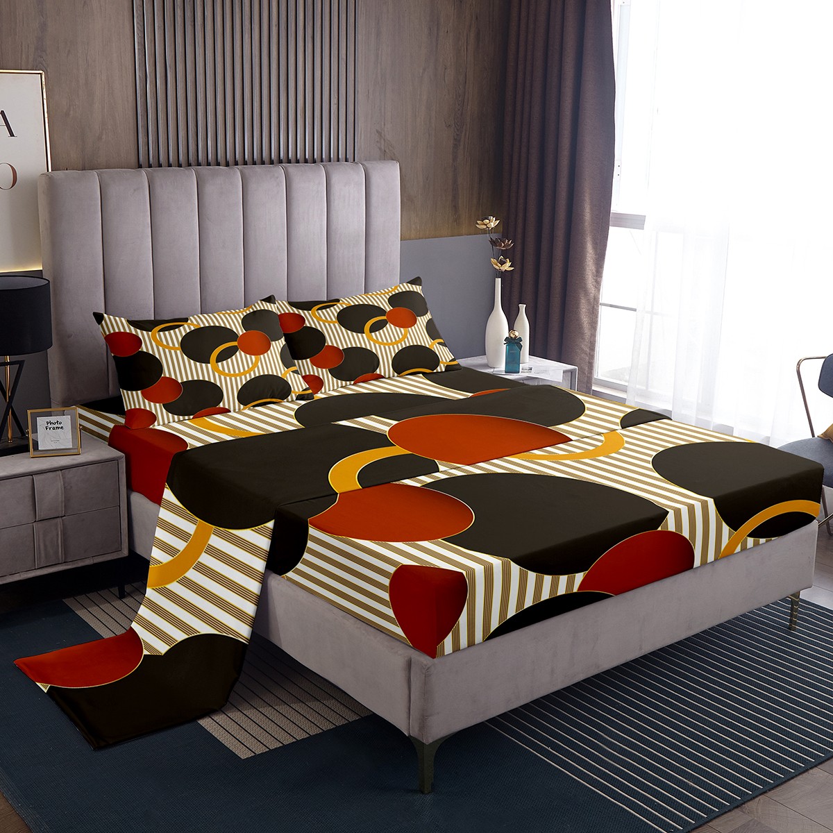 Retro Red Brown Black Sheets Geometric Dots Stripes Sheet Set, Modern ...