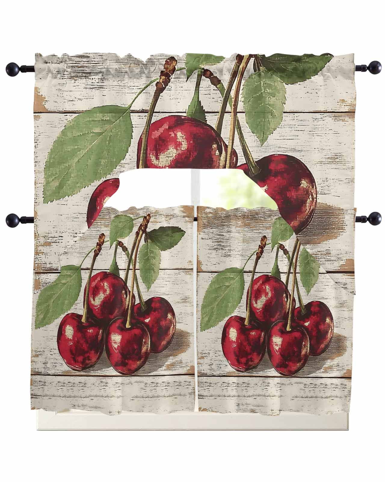 Retro Red Cherry Kitchen Curtains Sets 24 Inch Length with Valance ...