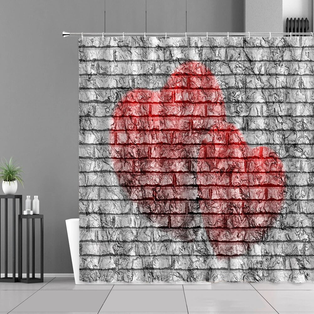 Retro Red Lips Stone Brick Wall Shower Curtains European Garden Flower ...