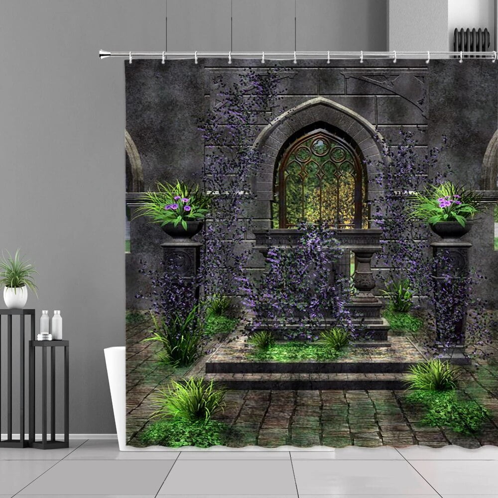 Retro Red Lips Stone Brick Wall Shower Curtains European Garden Flower ...