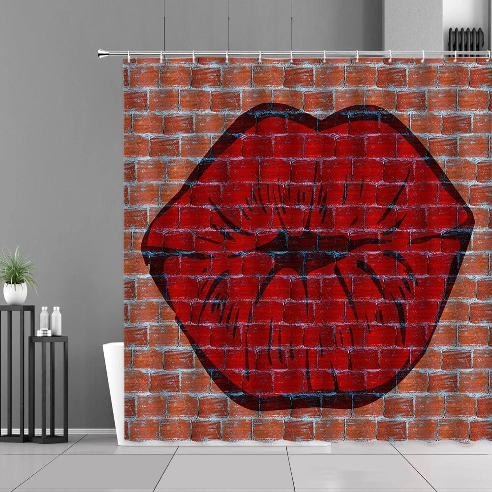 Retro Red Lips Stone Brick Wall Shower Curtains European Garden Flower