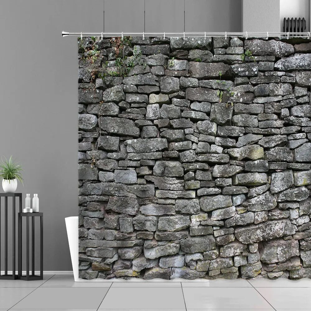 Retro Red Lips Stone Brick Wall Shower Curtains European Garden Flower ...